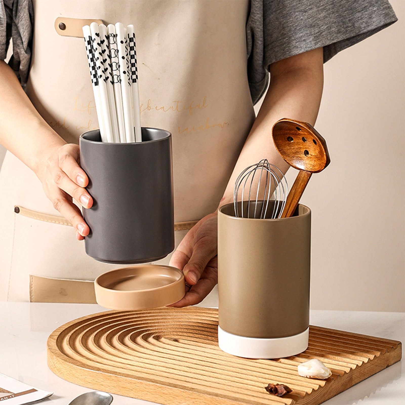 Dxcaicc Utensil Holder,Large Ceramic Stable Utensil Caddy,Drainer Ceramic Cooking Utensil Holder,Ceramic Kitchen Utensil Holder for Countertop,Cooking Utensils Holder for Kitchen,Yellow