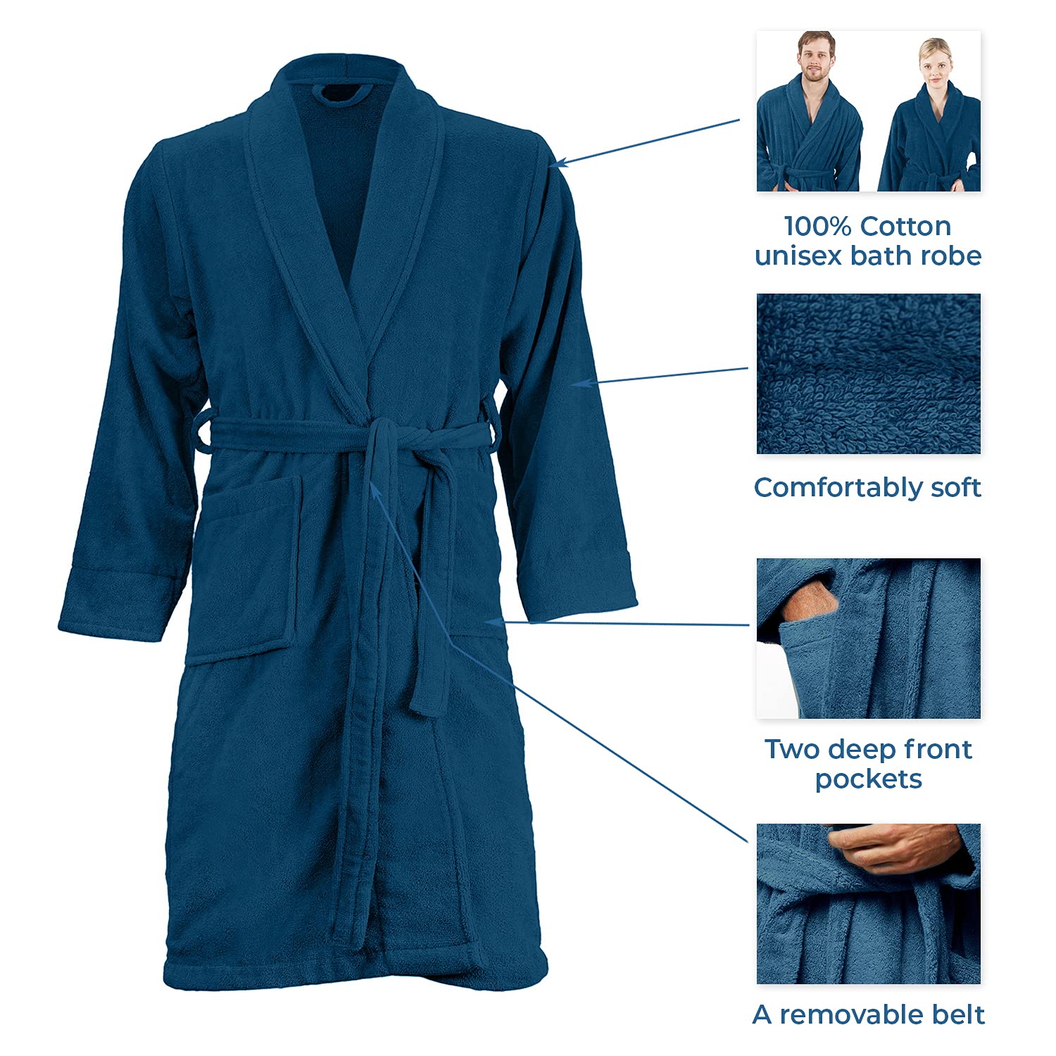 DAN RIVER Premium Cotton Terry Robes for Women and Men, Ultra Soft bathrobe with Adjustable Waist Belt and Pockets Pack of 1