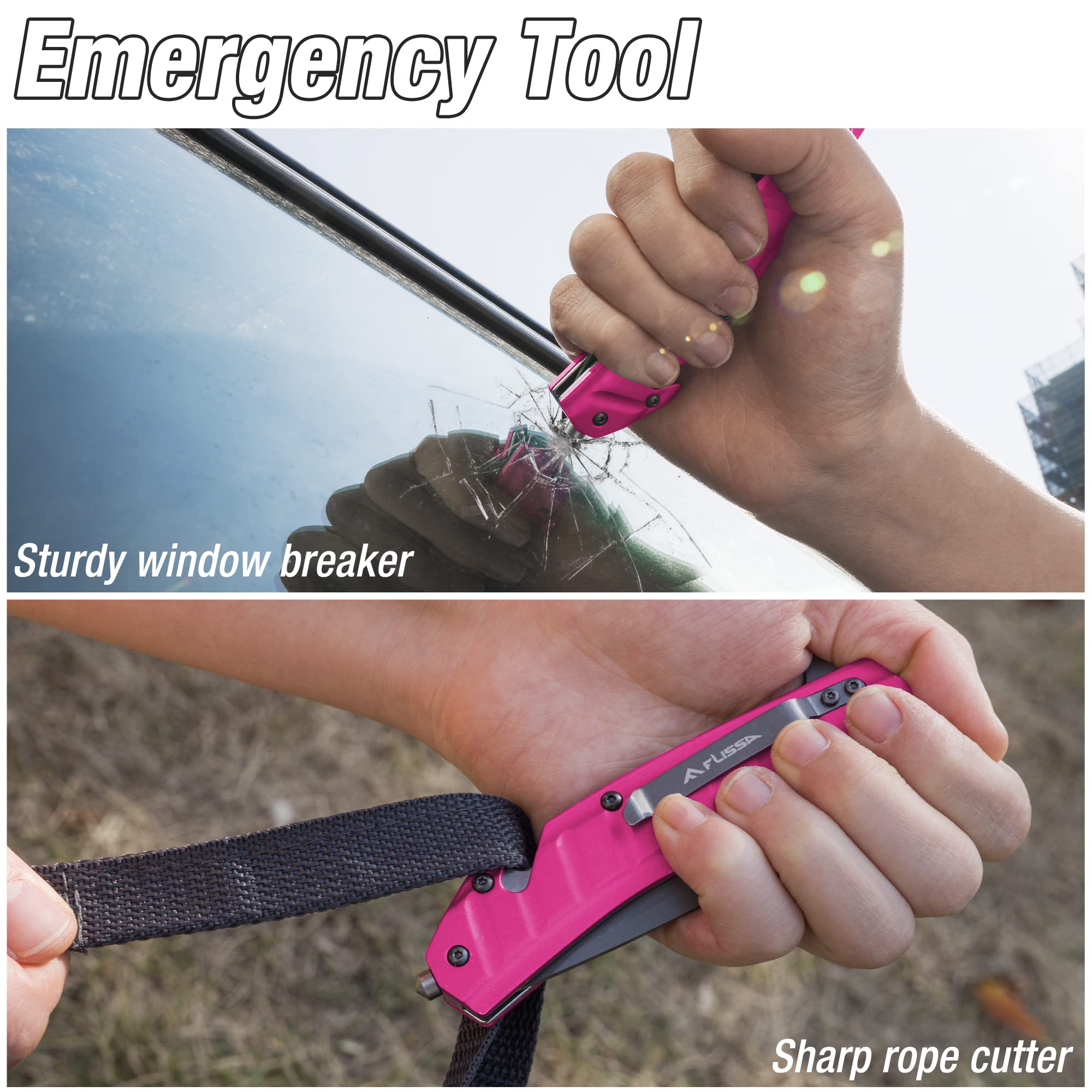 FLISSA Folding Pocket Knife, Tactical Knife with Liner Lock, Tanto Blade, Pocket Clip, Glass Breaker, Seatbelt Cutter, Perfect for Hunting, Camping, Survival (Pink)