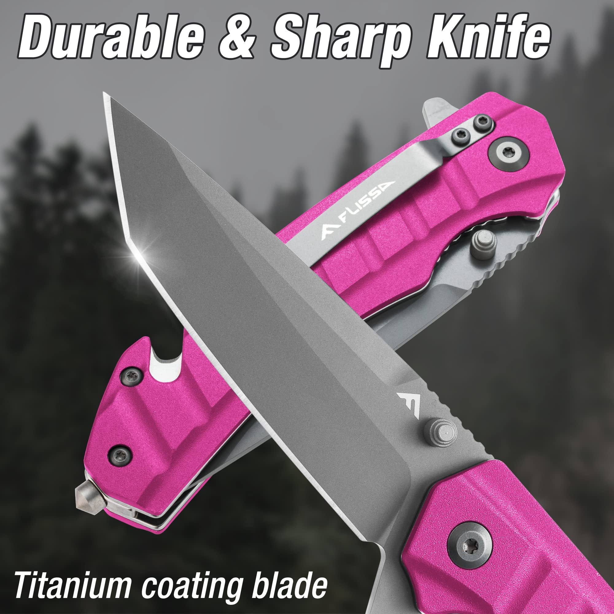 FLISSA Folding Pocket Knife, Tactical Knife with Liner Lock, Tanto Blade, Pocket Clip, Glass Breaker, Seatbelt Cutter, Perfect for Hunting, Camping, Survival (Pink)