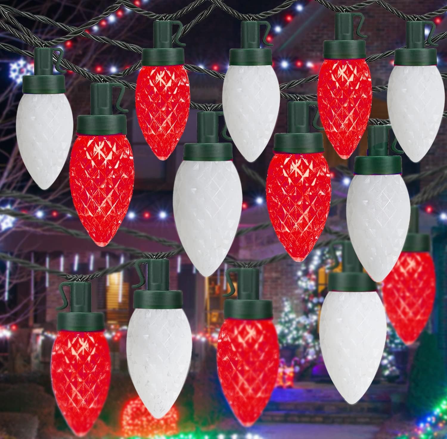 KAQ C9 Christmas Lights 2PK 100 LED 98ft Extendable Waterproof Christmas Lights Green Wire String Lights, Outdoor Christmas Lights for Patio Wedding Party Christmas Decorations (Red & Cool White)