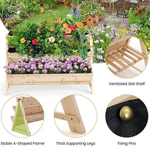 Safstar 3-Tier Vertical Garden Bed, Wooden Elevated Planter Bed with Legs, Storage Shelf, 2 Hooks, Raised Bed Kit for Flower Vegetable Herb, Outdoor Plant Box Stand for Yard Garden Balcony Planter