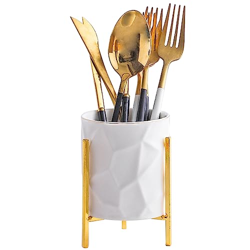 YOSCO Kitchen Utensil Holder,Ceramic Silverware Holder,Flatware Organizers with Golden Metal Frame for Home, Kitchen,Restaurant,Countertop (White)