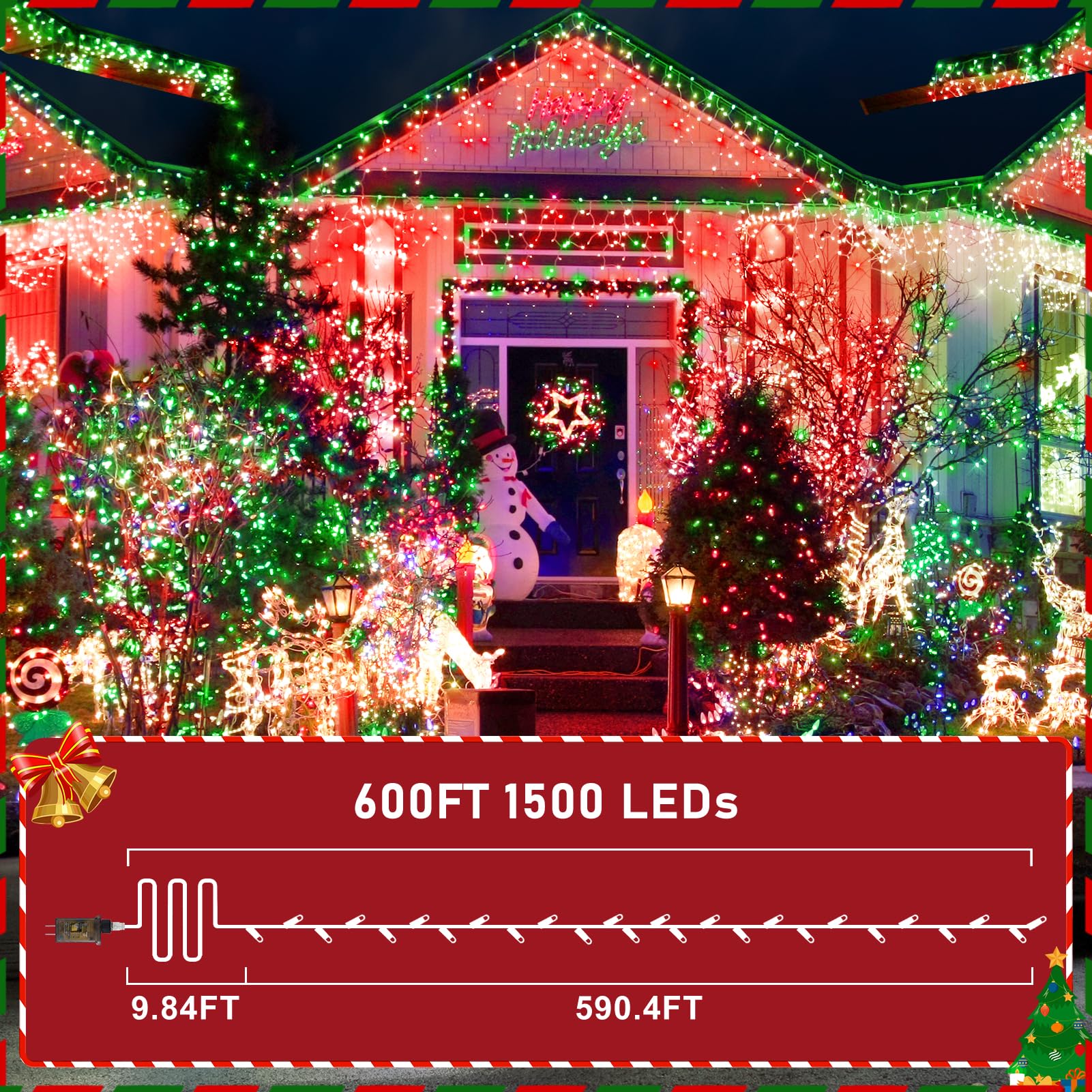 KNONEW 600ft 1500 LED String Lights Outdoor Christmas Lights 8 Modes & Timer Fairy Light Plug in Waterproof LED String Lights for Xmas Yard Tree Wedding Party Holiday Decorations (Red and Green)