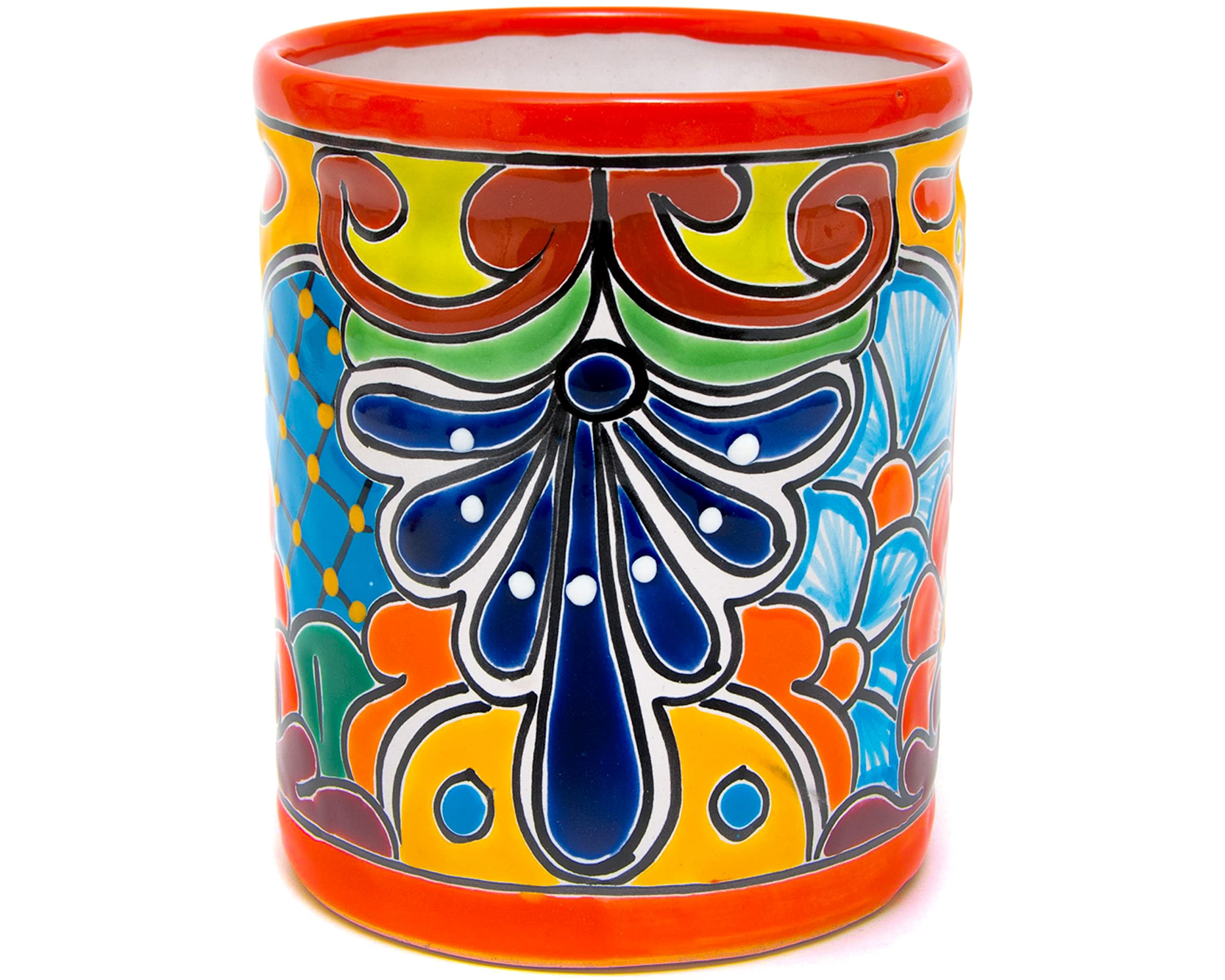 Enchanted Talavera Ceramic Large Utensil Holder Spatula Crock Kitchen Counter Organizer Mexican Pottery Utensils Tools Caddy Spoon Rest White Ceramic (Red Large (7.5" H x 6" W)