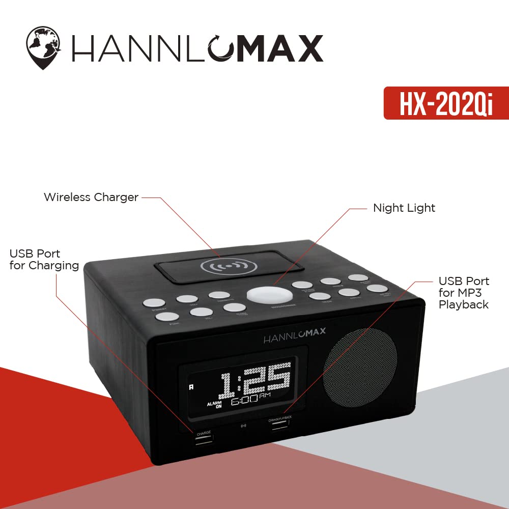 HANNLOMAX HX-202Qi Alarm Clock Radio, Wireless Charging, Bluetooth, 10W Output Power, Dual USB Ports for Charging and MP3 Playback, Temperature, Nightlight, Time Zone, Aux-in. (Black)