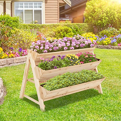Safstar 3-Tier Vertical Garden Bed, Wooden Elevated Planter Bed with Legs, Storage Shelf, 2 Hooks, Raised Bed Kit for Flower Vegetable Herb, Outdoor Plant Box Stand for Yard Garden Balcony Planter