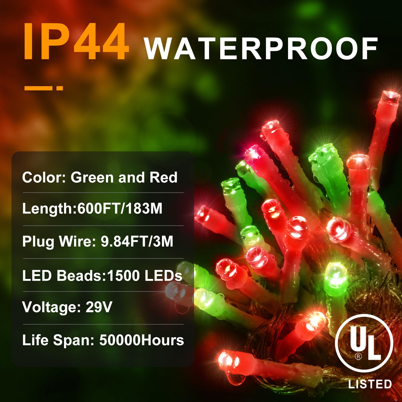 KNONEW 600ft 1500 LED String Lights Outdoor Christmas Lights 8 Modes & Timer Fairy Light Plug in Waterproof LED String Lights for Xmas Yard Tree Wedding Party Holiday Decorations (Red and Green)