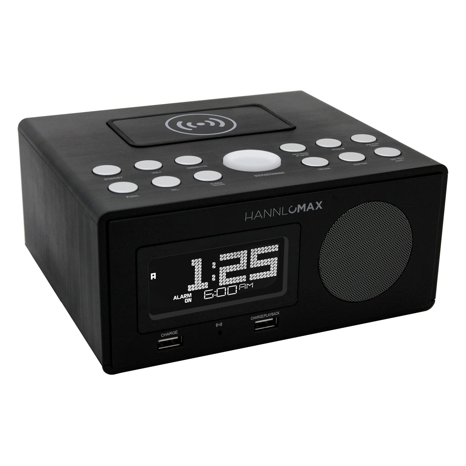HANNLOMAX HX-202Qi Alarm Clock Radio, Wireless Charging, Bluetooth, 10W Output Power, Dual USB Ports for Charging and MP3 Playback, Temperature, Nightlight, Time Zone, Aux-in. (Black)
