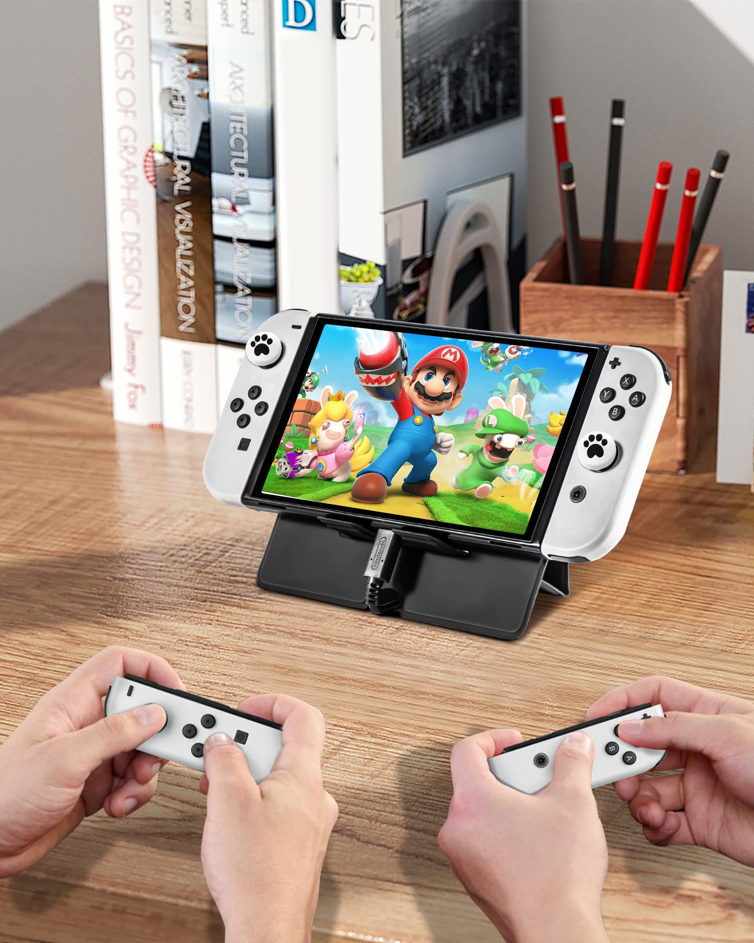 Playstand for Nintendo Switch, Portable and Foldable Magnetic Stand for Nintendo Switch/Steam Deck/Phone, 3 in 1 Accessories Kit with Stand, 2pcs Switch OLED Screen Protectors & 2pcs Wheel Grip Caps