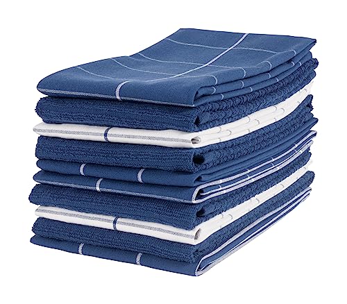 KAF Home Chelsea Assorted Kitchen Towel - Set of 10-18 x 28 Inches - Mixed Flat and Terry Dish Towels (Blue)