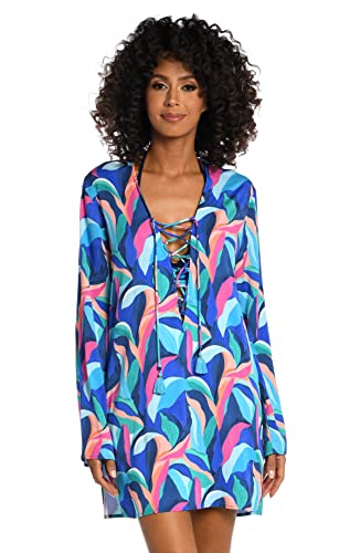 La Blanca Women's Lace Up Tunic Swimsuit Cover Up, Multi//Painted Leaves, XL