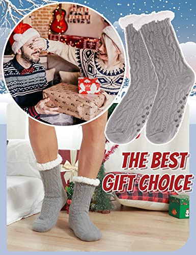 ProEtrade Slipper Fuzzy Socks for Mens Winter Fluffy Cozy Cabin Warm Fleece Soft Thick Comfy Anti Slip Gift Home Christmas Stocking Stuffer with Grips(Light Grey)