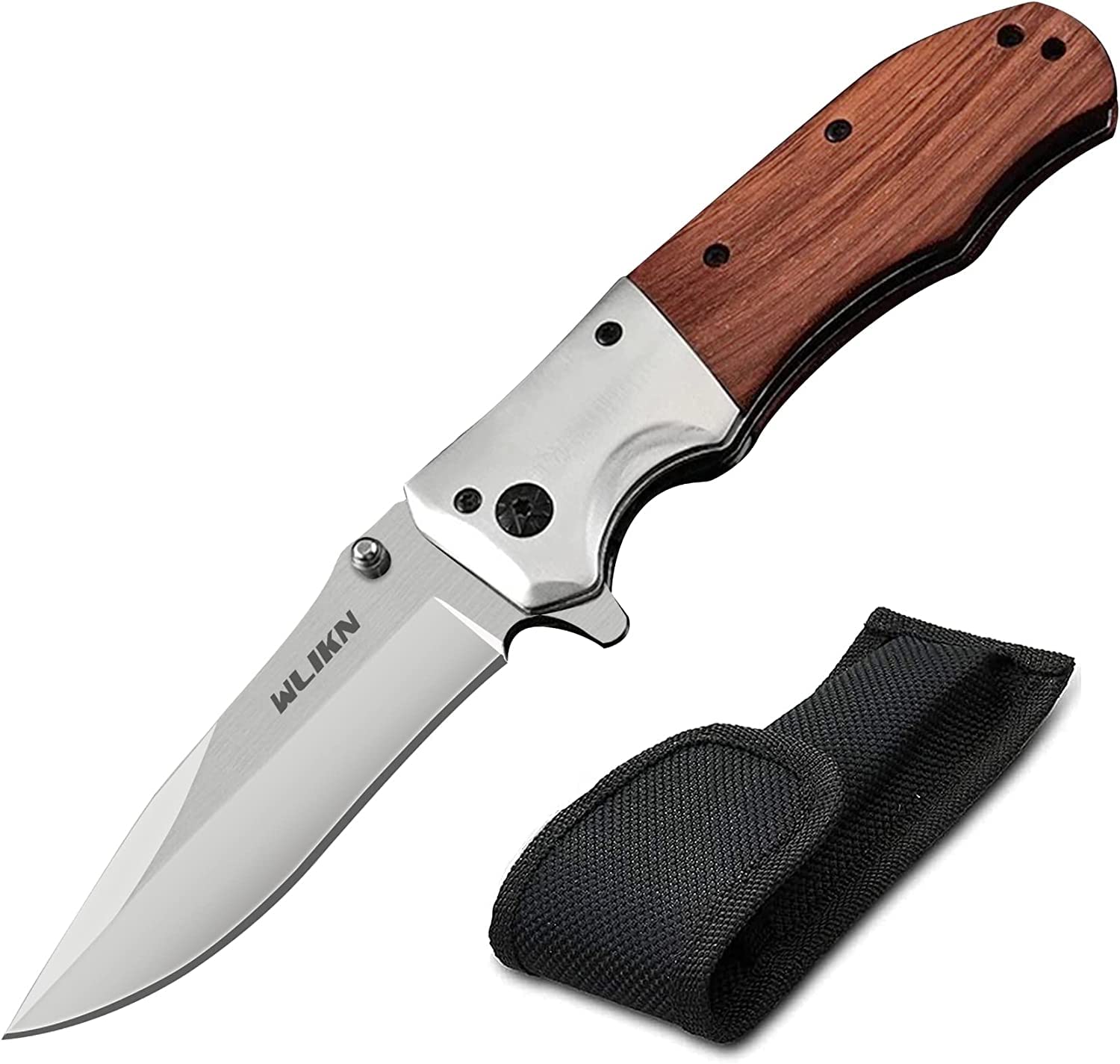 Wlikn Pocket Folding Knife Gentleman’s Folding Knife, EDC Knife for Women and Men, Wood Handle Sharp Blade, Survival Tactical Knife for Hunting Fishing Hiking, Camping Knife Hunting Knife with Liner Lock