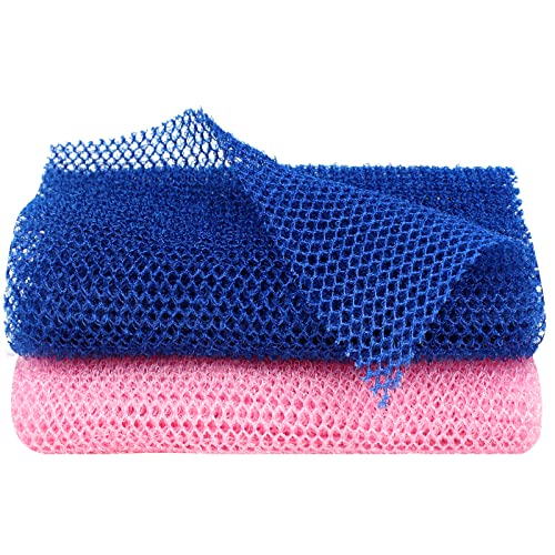 2 Pcs African Net Sponge,African Exfoliating Net,Exfoliating Bath Sponge,Bath Towels,Nylon Net,Wash Cloths,Back Scrubber for Shower,Skin Smoother for Daily Use or Stocking Stuffer(Blue,Pink)