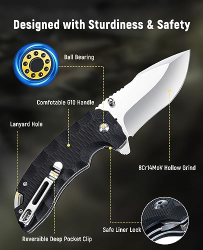 KEXMO Pocket Knife Folding Knife - 2.99'' 8Cr14MoV Blade G10 Handle Small EDC Knife with Clip - Tactical Knives for Men Women Dad Hunting Camping Hiking Survival Present, Silver