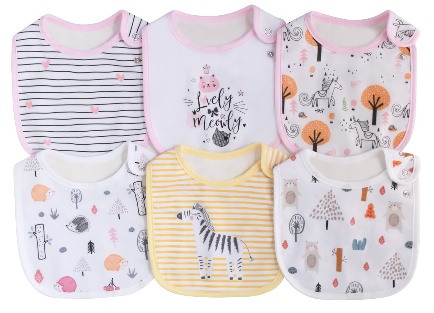 Maiwa 6 Pack Waterproof Cotton Baby Bibs for Girls Boys for Drooling Eating with Adjustable Snaps