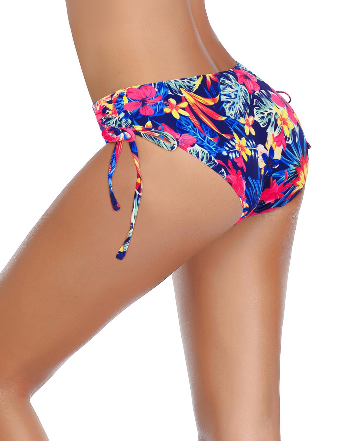 Tempt Me Women Blue Floral Bikini Bottoms Side Tie Adjustable Bathing Suit Swimsuit Full Coverage Swim Bottom M
