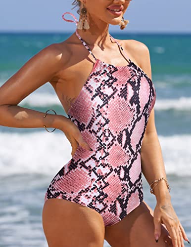 Ekouaer Womens 1 Piece Halter High Neck Swimwear, Large, Pat12 Snakeskin