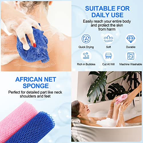 2 Pcs African Net Sponge,African Exfoliating Net,Exfoliating Bath Sponge,Bath Towels,Nylon Net,Wash Cloths,Back Scrubber for Shower,Skin Smoother for Daily Use or Stocking Stuffer(Blue,Pink)
