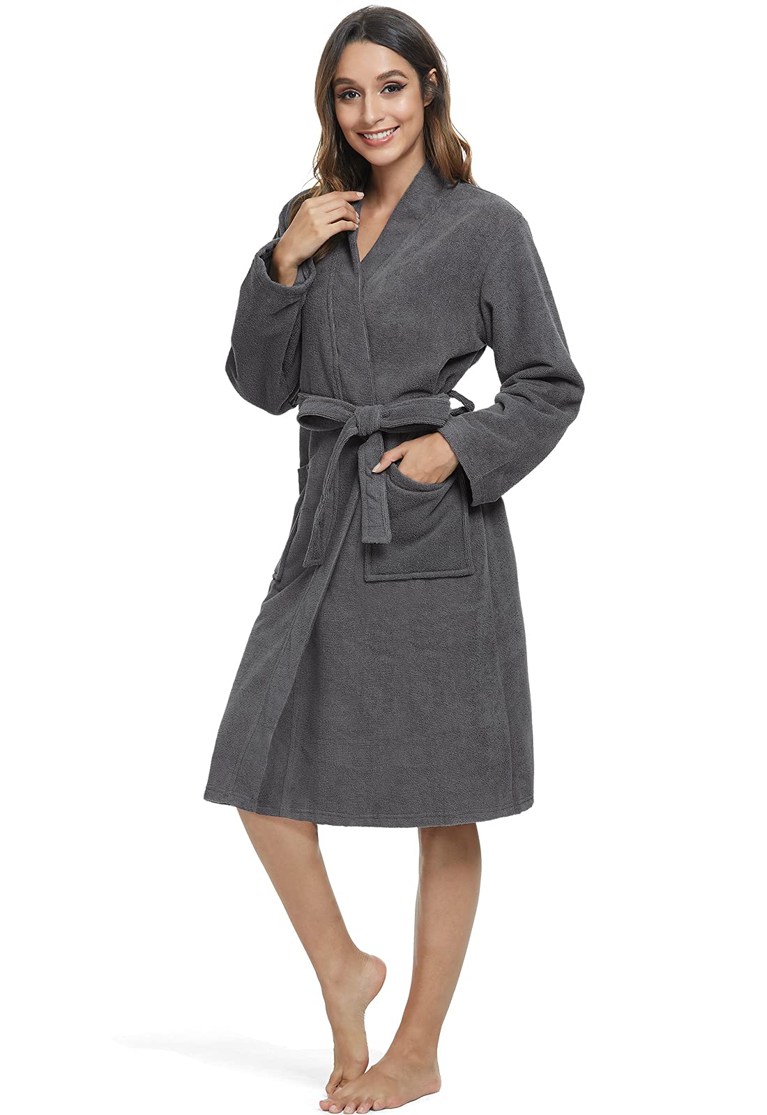 Orrpally Women Kimono Robes Lightweight Terry Cloth Bathrobe Knee Length Bath Robe Grey L