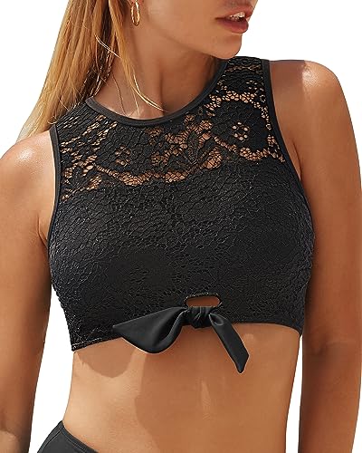 Tempt Me Women Black High Neck Bikini Top Swim Crop Top Tie Knot Front Lace Swimsuit Top Only XXL