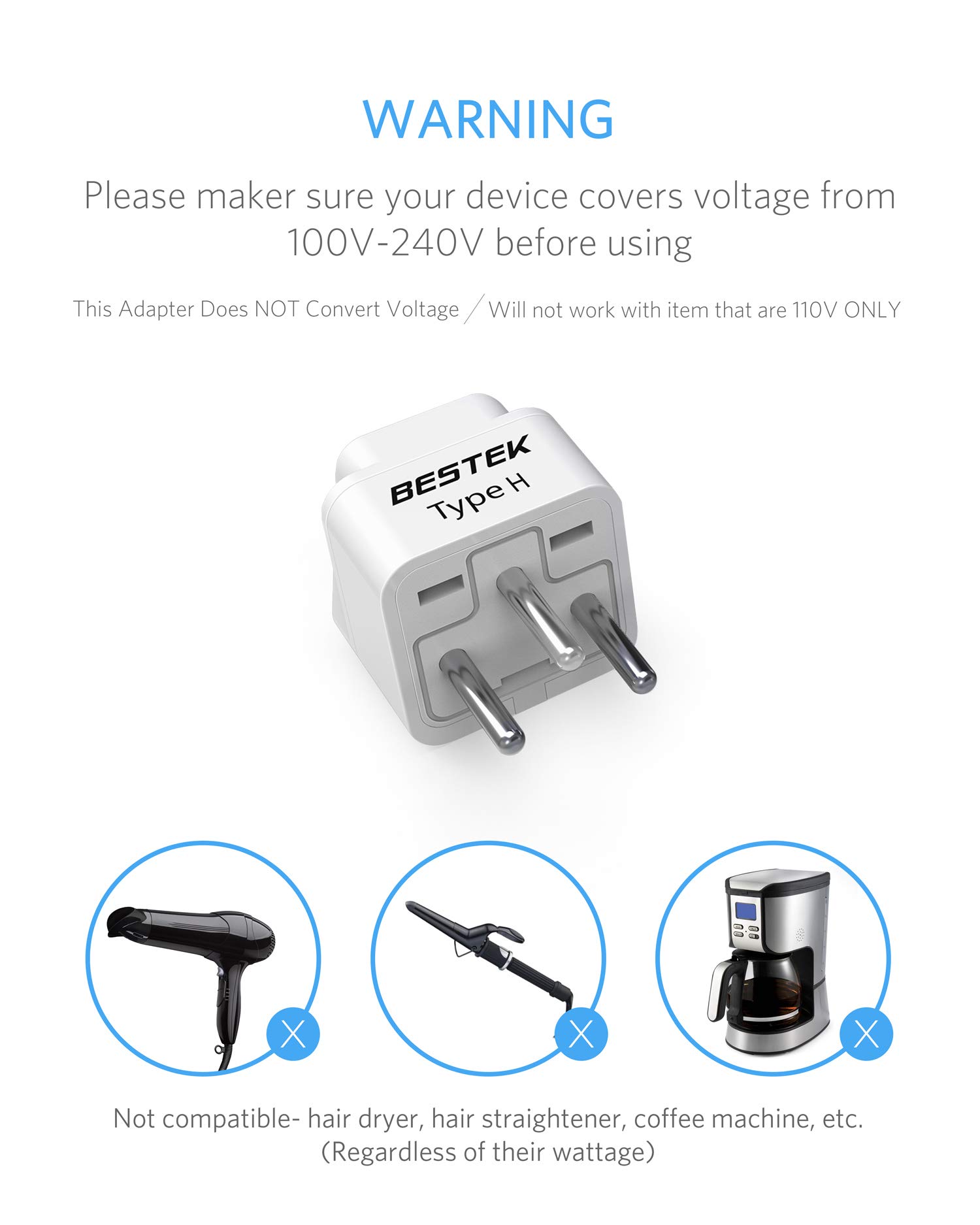 BESTEK Israel Travel Plug Adapter, Grounded Universal Type H Plug Adapter Israel to US Adapter - Ultra Compact for Israel, Palestine and More, 3 Pack