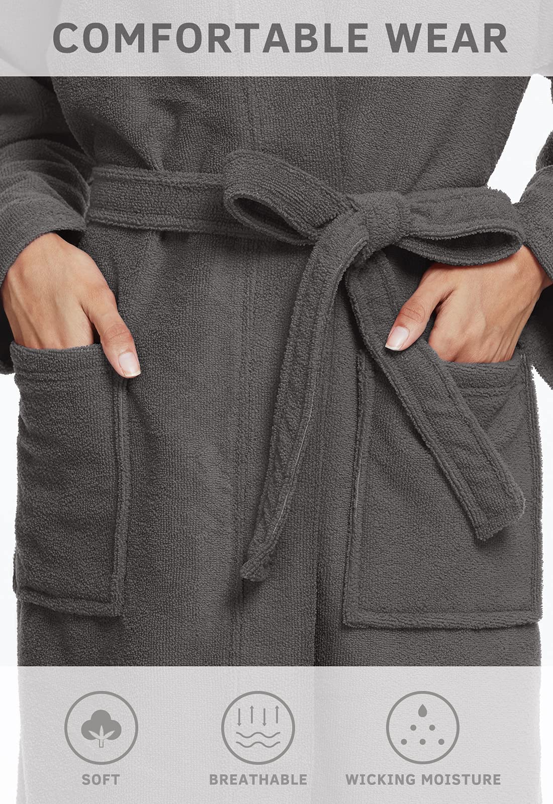 Orrpally Women Kimono Robes Lightweight Terry Cloth Bathrobe Knee Length Bath Robe Grey L