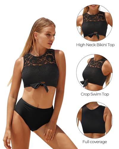 Tempt Me Women Black High Neck Bikini Top Swim Crop Top Tie Knot Front Lace Swimsuit Top Only XXL