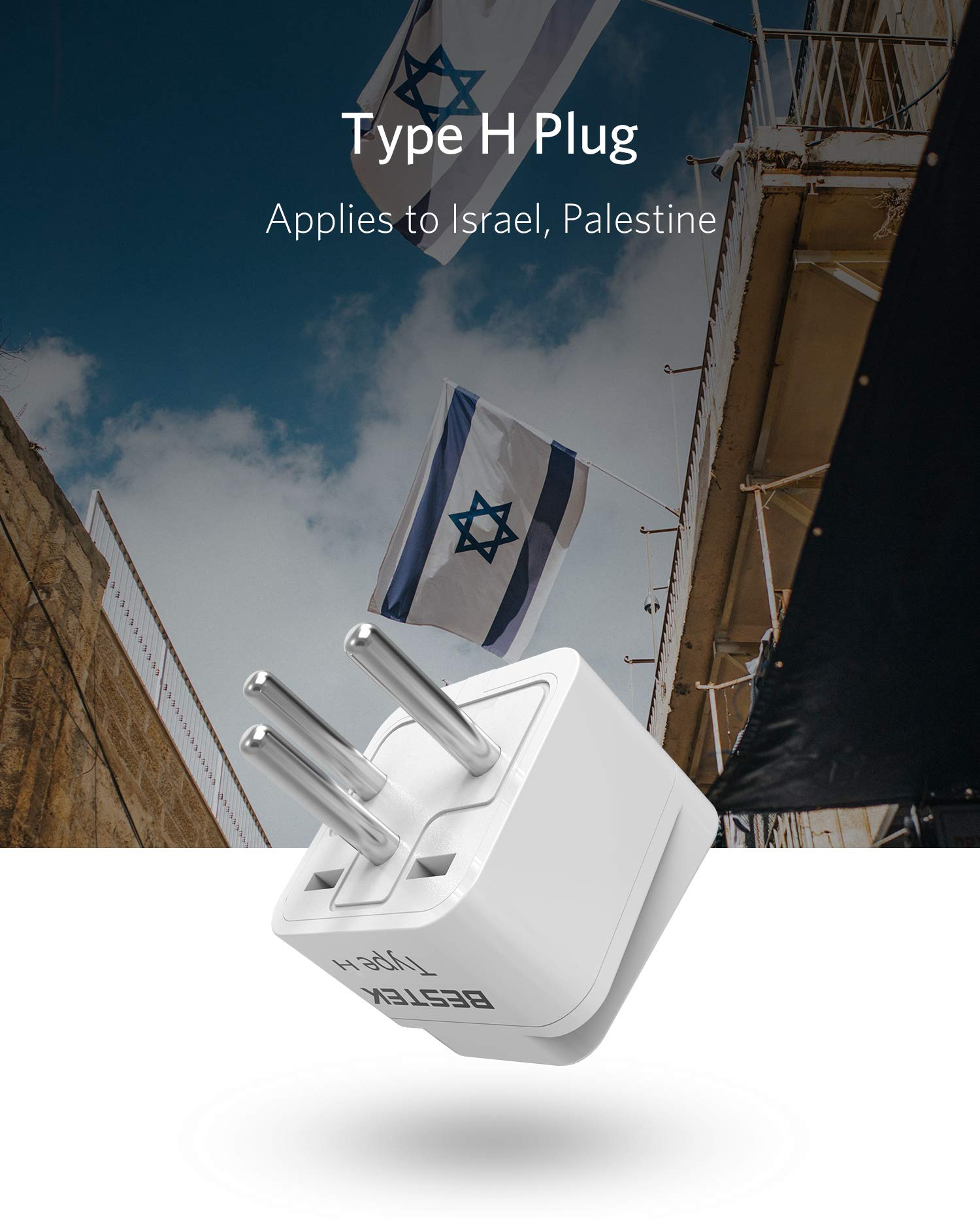 BESTEK Israel Travel Plug Adapter, Grounded Universal Type H Plug Adapter Israel to US Adapter - Ultra Compact for Israel, Palestine and More, 3 Pack