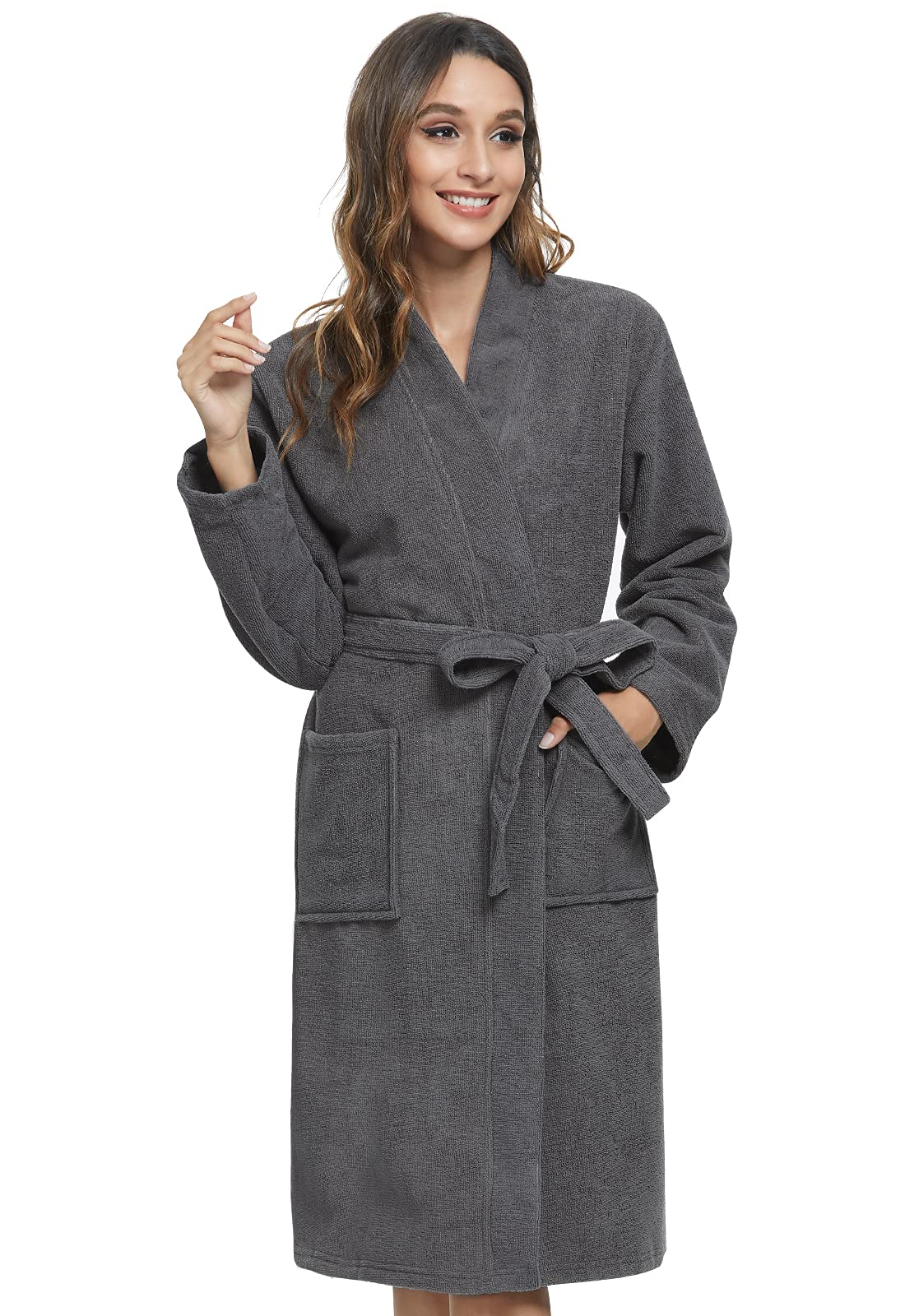 Orrpally Women Kimono Robes Lightweight Terry Cloth Bathrobe Knee Length Bath Robe Grey L