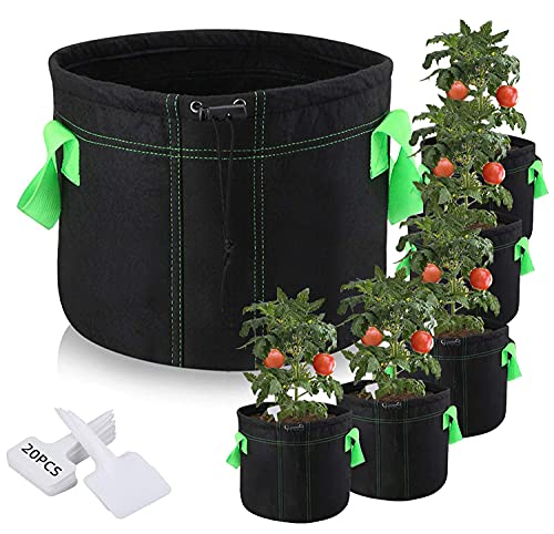 6-Pack 7 Gallon Garden Plant Grow Bags, Double Layer Premium Breathable Nonwoven Fabric Plants Pots with Handles and Shrink String for Vegetables/Fruit/Flowers - Indoor/Outdoor (Black)