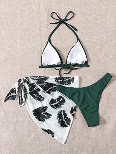 SOLY HUX Women's 3 Piece Swimsuits Print Halter Triangle Tie Side Bikini Bathing Suit with Cover Up Beach Skirt Green Tropical M