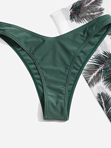 SOLY HUX Women's 3 Piece Swimsuits Print Halter Triangle Tie Side Bikini Bathing Suit with Cover Up Beach Skirt Green Tropical M