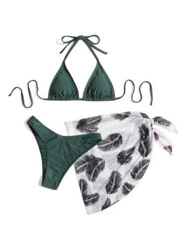 SOLY HUX Women's 3 Piece Swimsuits Print Halter Triangle Tie Side Bikini Bathing Suit with Cover Up Beach Skirt Green Tropical M