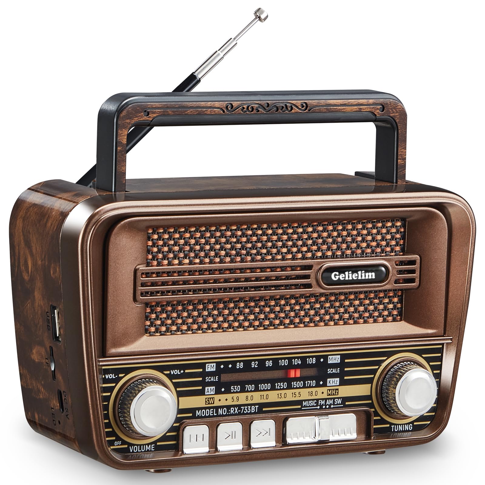 Gelielim Portable Radio AM FM, Retro Bluetooth 5.3 Speaker, Shortwave Radio Support TF Card/USB, Battery Powered Radio, Present Idea for Elder, Retro Vintage Decor for Home