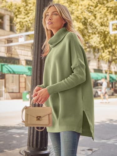 LILLUSORY Oversized Turtleneck Pullover Sweaters Womens 2024 Long Tunic Sweater Winter Trendy Casual Poncho Cowl Neck Cute Tops Dress Fall Fashion Clothes Outfits Clothing Light Green