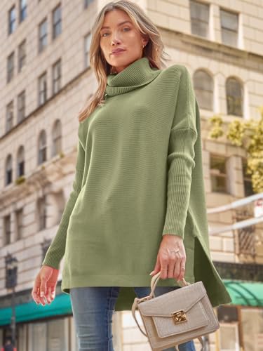 LILLUSORY Oversized Turtleneck Pullover Sweaters Womens 2024 Long Tunic Sweater Winter Trendy Casual Poncho Cowl Neck Cute Tops Dress Fall Fashion Clothes Outfits Clothing Light Green