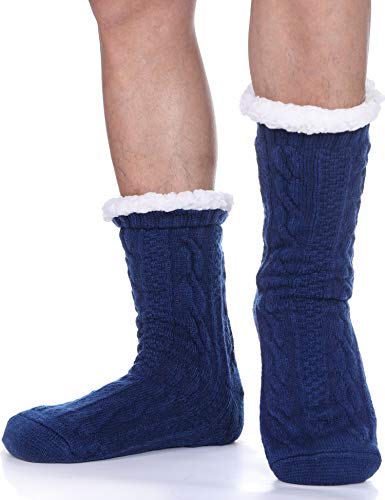 Anlisim Men Slipper Socks Fluffy Fuzzy Cabin Cozy Winter Warm Comfy Soft Fleece Thick Home Stocking Stuffers with Grips Non Skid Gift Socks（ Blue）