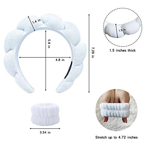ZZGC Spa Sponge Headband for Washing Face, Makeup Headband with 2Pcs Wrist Washband Hair Band for Makeup Removal, Skincare (White)
