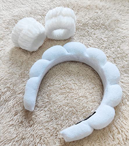 ZZGC Spa Sponge Headband for Washing Face, Makeup Headband with 2Pcs Wrist Washband Hair Band for Makeup Removal, Skincare (White)