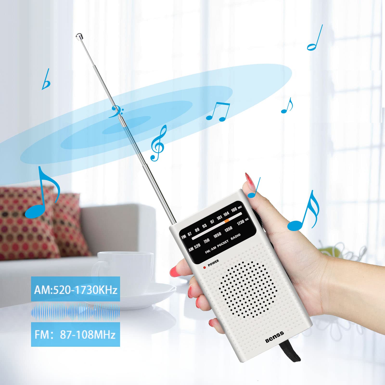Benss Small Radios Portable AM FM, Transistor radios 2AA Battery Operated with Best Reception, Radio with Speaker & Headphone Jack, Pocket Radio for Indoor, Outdoor and Emergency Use(White)