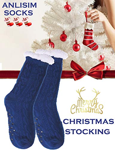 Anlisim Men Slipper Socks Fluffy Fuzzy Cabin Cozy Winter Warm Comfy Soft Fleece Thick Home Stocking Stuffers with Grips Non Skid Gift Socks( Blue)