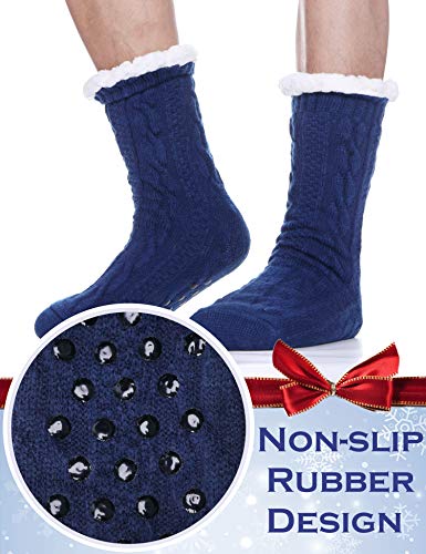 Anlisim Men Slipper Socks Fluffy Fuzzy Cabin Cozy Winter Warm Comfy Soft Fleece Thick Home Stocking Stuffers with Grips Non Skid Gift Socks( Blue)