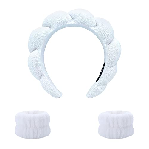 ZZGC Spa Sponge Headband for Washing Face, Makeup Headband with 2Pcs Wrist Washband Hair Band for Makeup Removal, Skincare (White)