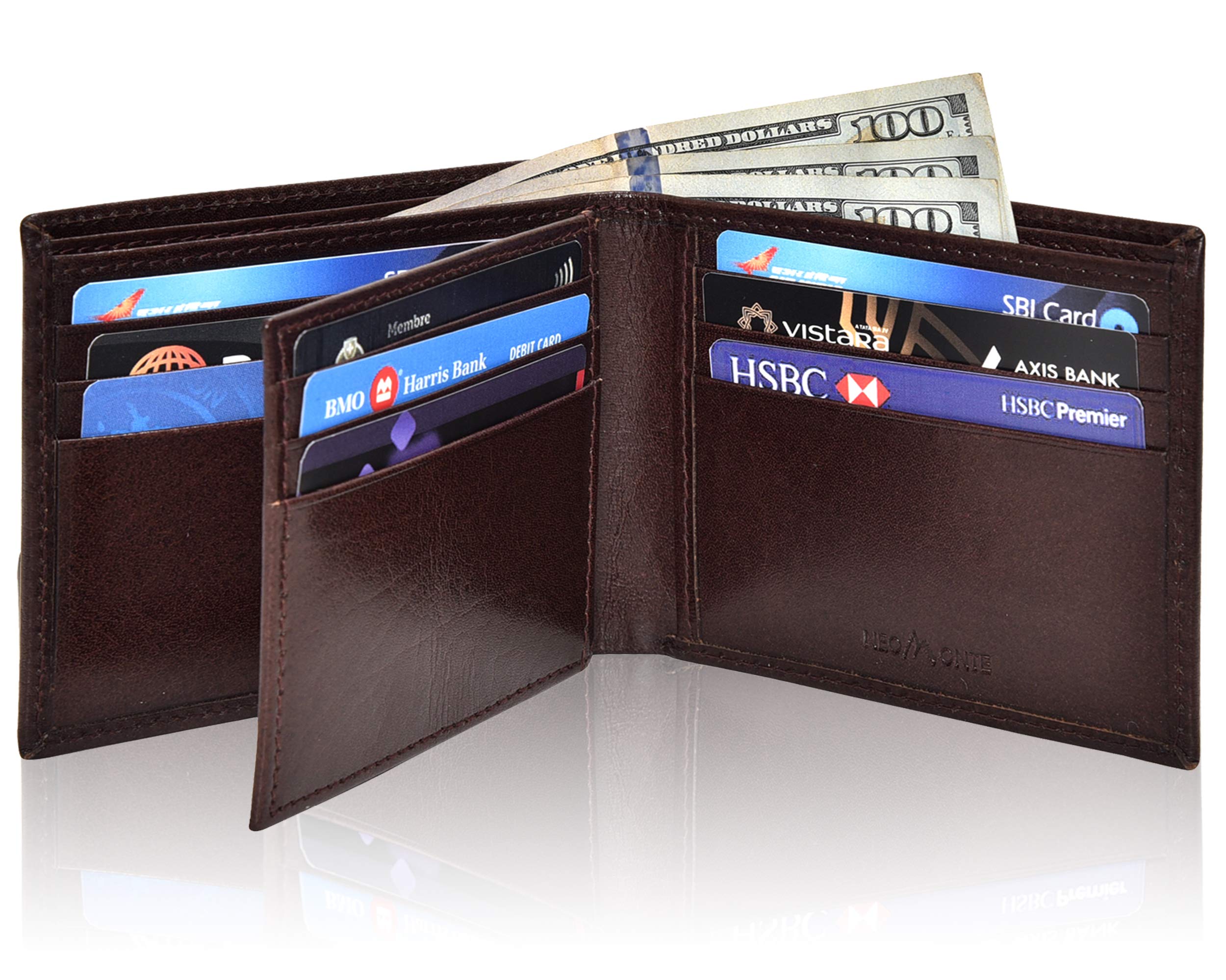NeoMonte Genuine Leather Minimalist Wallet with RFID protection 9 Credit Card and 2 ID Slots, Sleek Bifold Wallet for Men