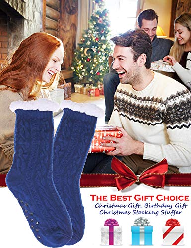 Anlisim Men Slipper Socks Fluffy Fuzzy Cabin Cozy Winter Warm Comfy Soft Fleece Thick Home Stocking Stuffers with Grips Non Skid Gift Socks( Blue)