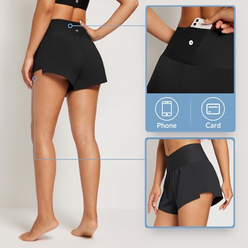 BALEAF 3" Swim Shorts Women High Waisted Board Shorts with Liner Tummy Control Cross Waist Swimsuit Bottoms Modest Black L