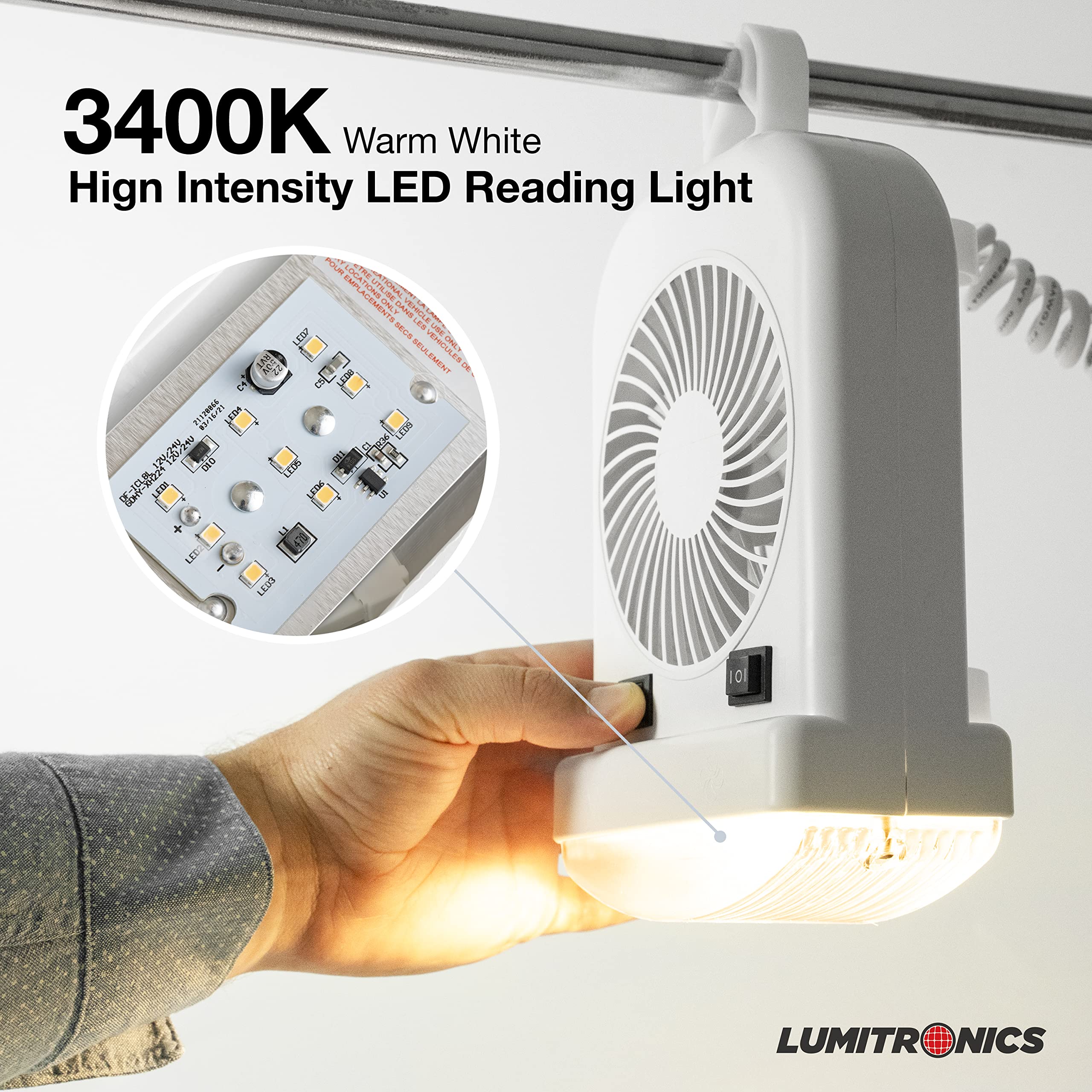 Lumitronics RV Portable 12V LED Interior Bunk Light and 2-Speed Personal Fan Combo - Quiet Motor - Reading Light with Extendable 8-Foot Cord - On/Off Switch - Mounting Brackets Included