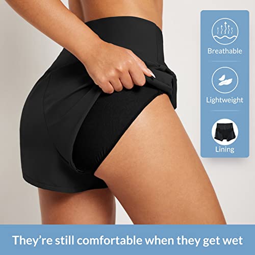 BALEAF 3" Swim Shorts Women High Waisted Board Shorts with Liner Tummy Control Cross Waist Swimsuit Bottoms Modest Black L